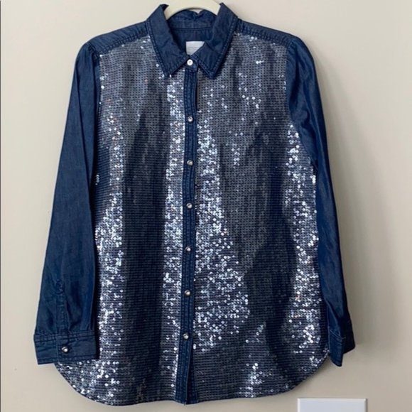 Chico's | Tops | Chicos Sequin Denim Top Size 3 | Poshmark